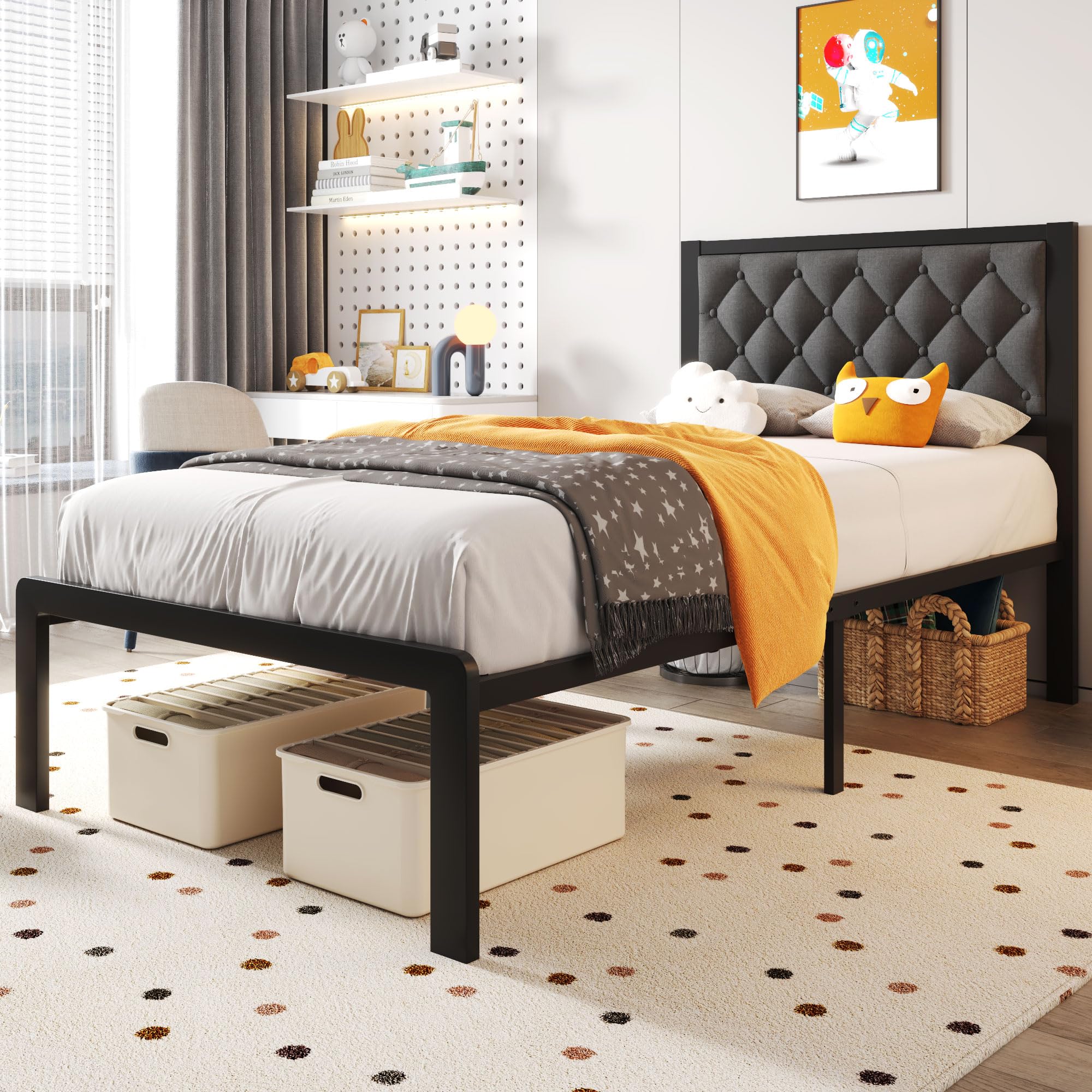 Fluest Full Bed Frame with Headboard PU Leather Upholstered Bed Frame Platform,All Metal Slats Support Platform Bed Frame with Storage Space,Easy Assembly,Noise Free,No Box Spring Needed,Grey