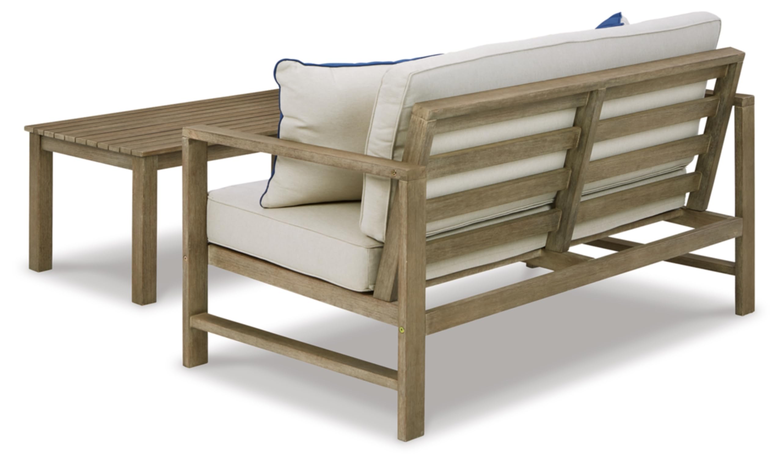 Signature Design by Ashley Outdoor Fynnegan Patio Eucalyptus Loveseat & Coffee Table, Beige with Blue Pillows
