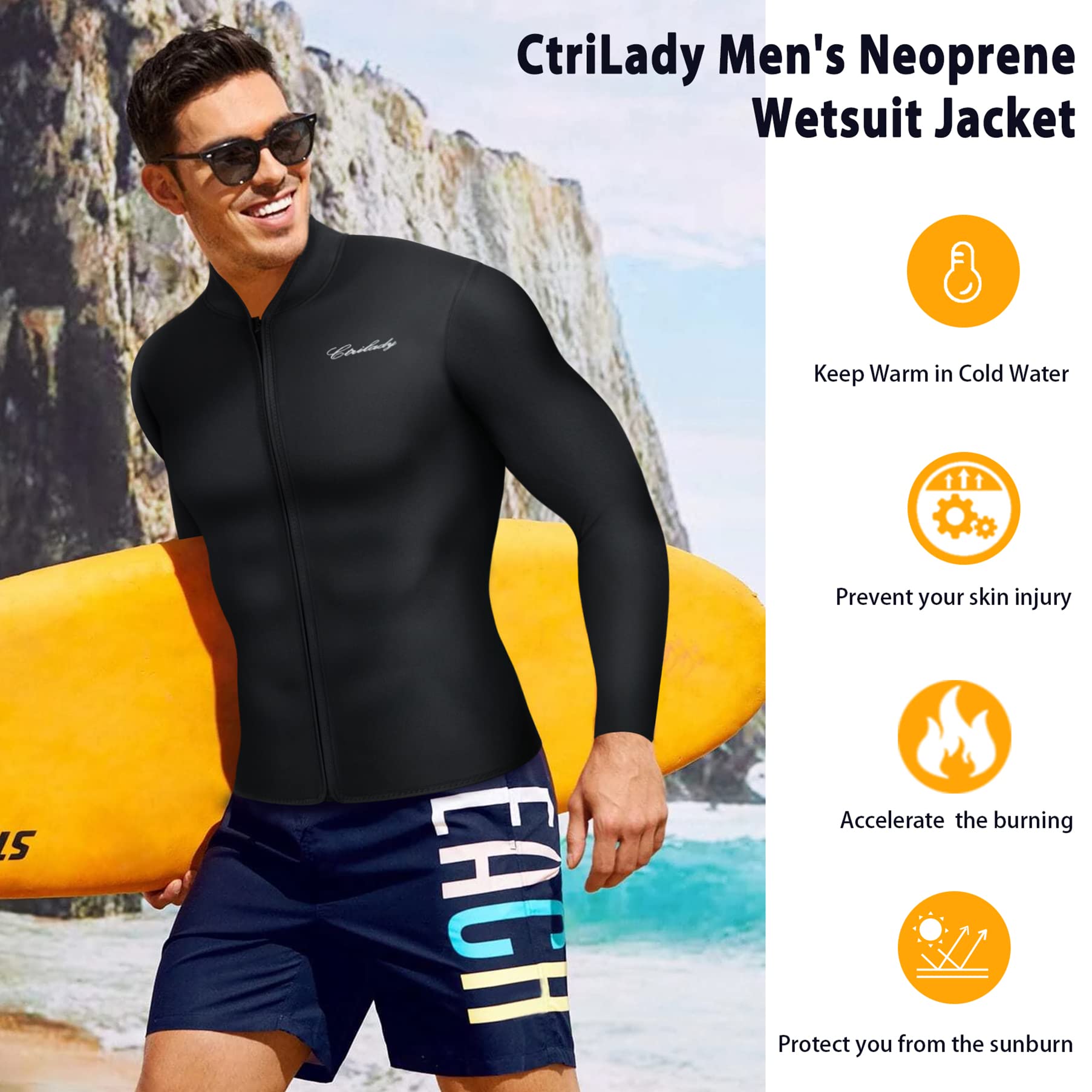 CtriLady Men's Best Neoprene Wetsuit Jacket Front Zipper Long Sleeves Workout Tank Top for Swimming Snorkeling Surfing (Black, XL)
