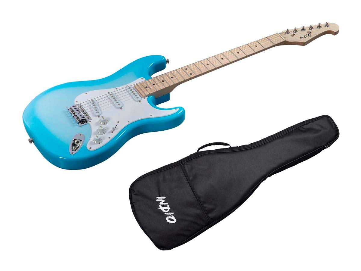 Monoprice Cali Classic Electric Guitar - Blue, 6 Strings, Double-Cutaway Solid Body, Right Handed, SSS Pickups, Full-Range Tone, With Gig Bag, Perfect for Beginners - Indio Series