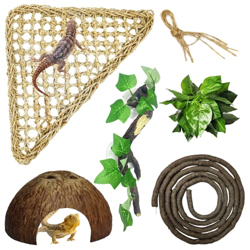 Hamiledyi Bearded Dragon Hammock Lizard Jungle Climber Vines Reptile Corner Branch  Coconut Shell with Suction Cups for Gecko,Snakes,Chameleon