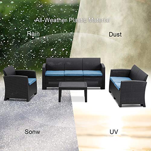 MCombo 7pcs Patio Furniture Set All-Weather Outdoor Sectional Sofa Rattan Pattern Patio Conversation Set w/Seat Cushions 6050-800 (Blue)