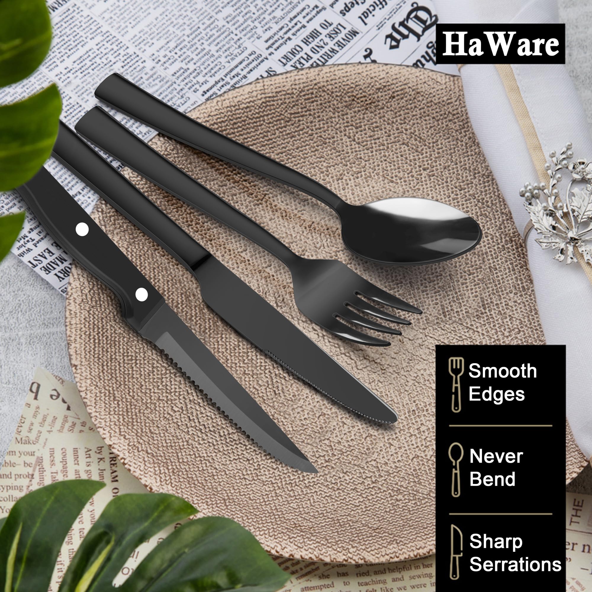 HaWare Black Silverware Set with Steak Knives, 48-Piece Stainless Steel Square Flatware Set for 8, Tableware Cutlery Set Includes Knives/Forks/Spoons, Modern & Elegant Design, Mirror Polished