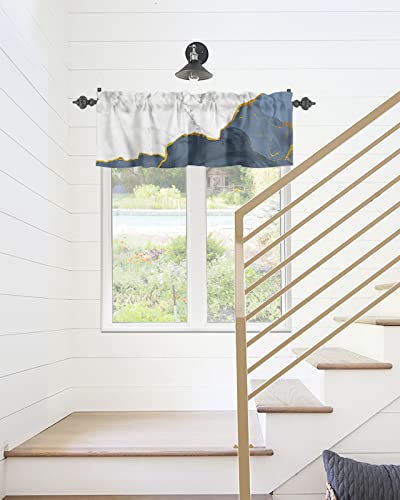 Window Curtain Valances for Kitchen Windows,Blue White Stone with Gold Stripe Rod Pocket Short Window Valance Modern Abstract Marble Agate Cafe Treatment Valance for Living Room/Bedroom,42x12in
