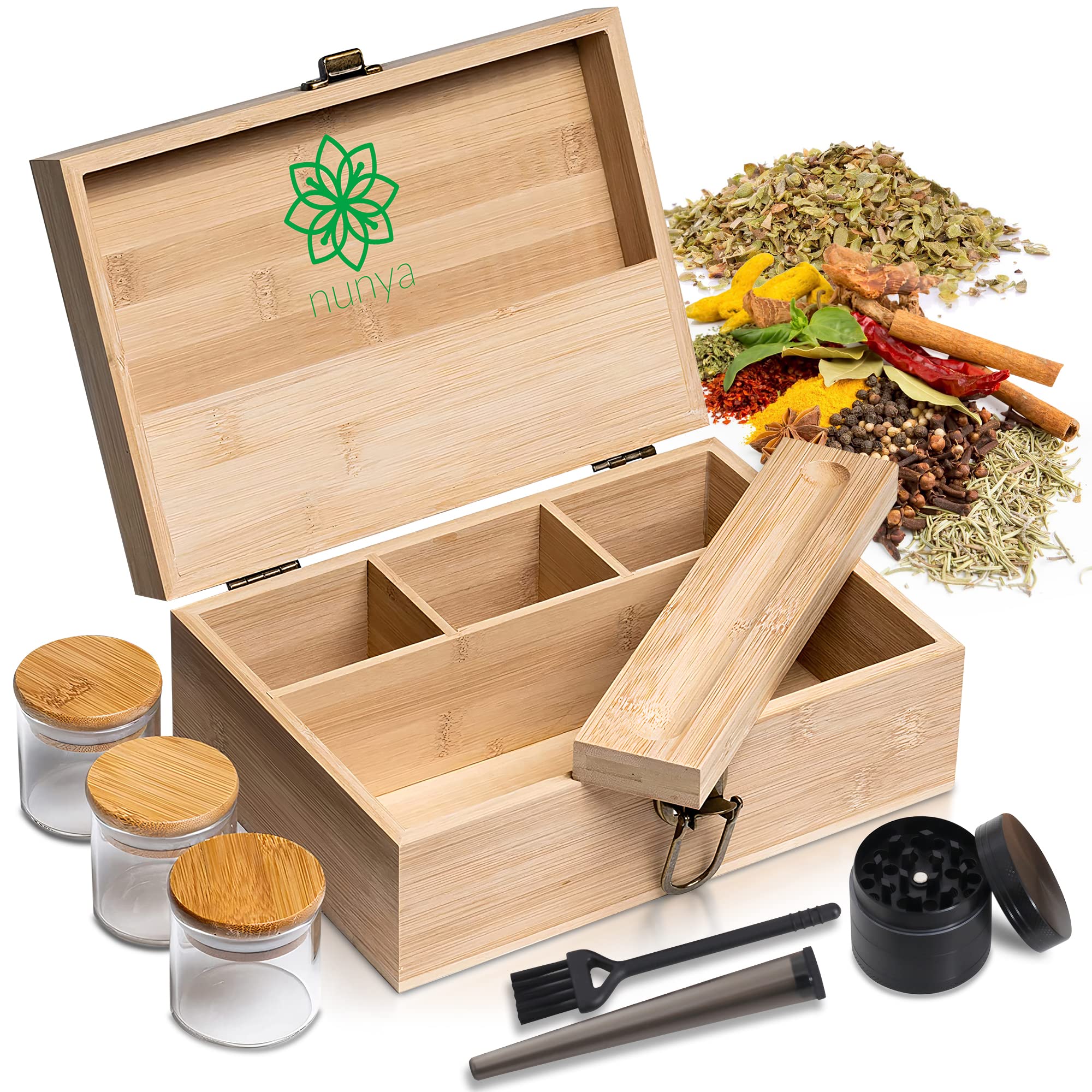 Improved. Nunya Large Storage Box for Herbs with Accessories, a Storage Container with Accessories, 5 pc kit w/ 3 Glass Jars and Rolling Tray