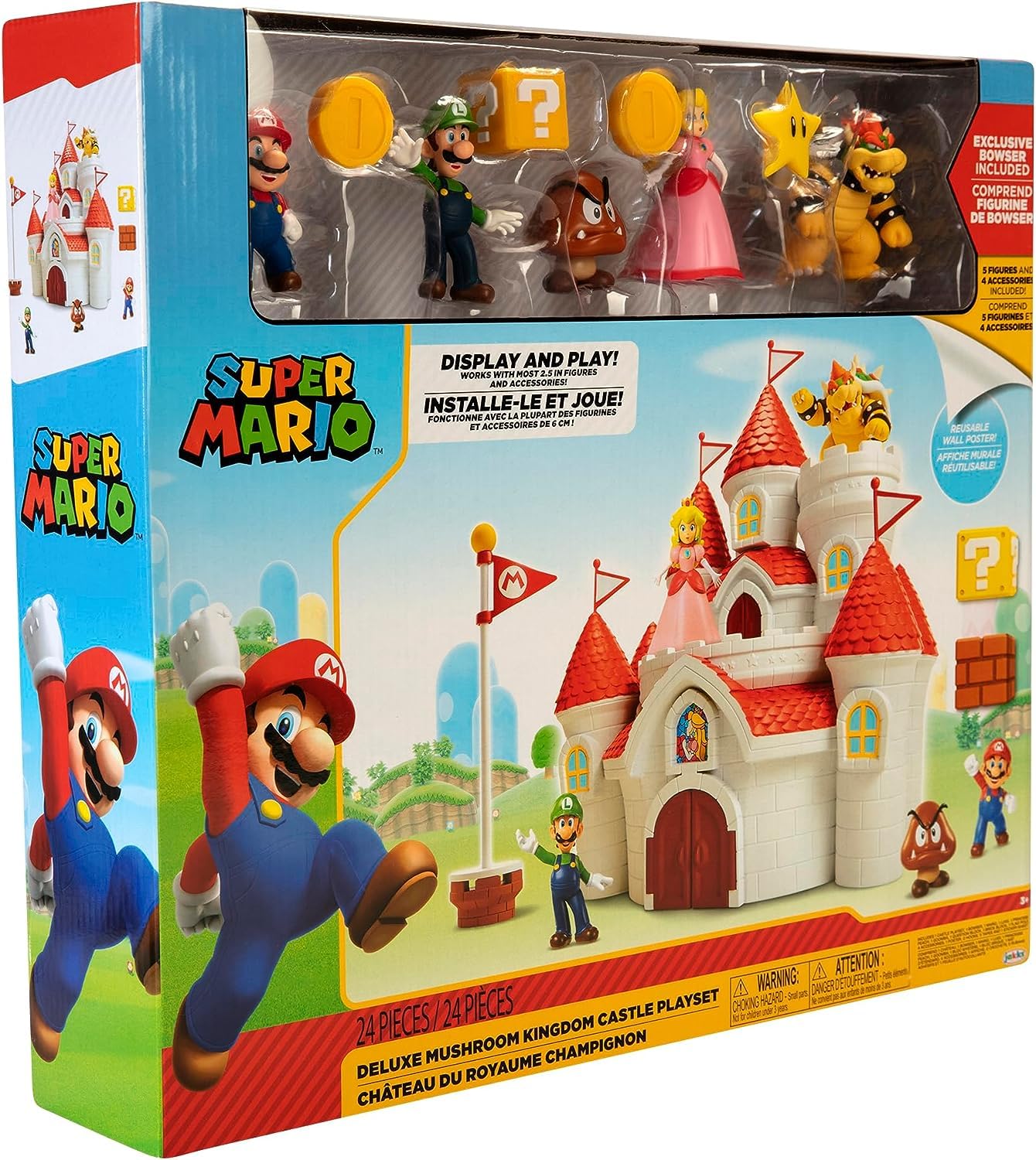 Super Mario Nintendo Deluxe Mushroom Kingdom Castle, Wall Display & Playset with (5) 2.5" Articulated Action Figures (Exclusive Bowser Figure, Princess Peach, Mario, Luigi & Goomba)