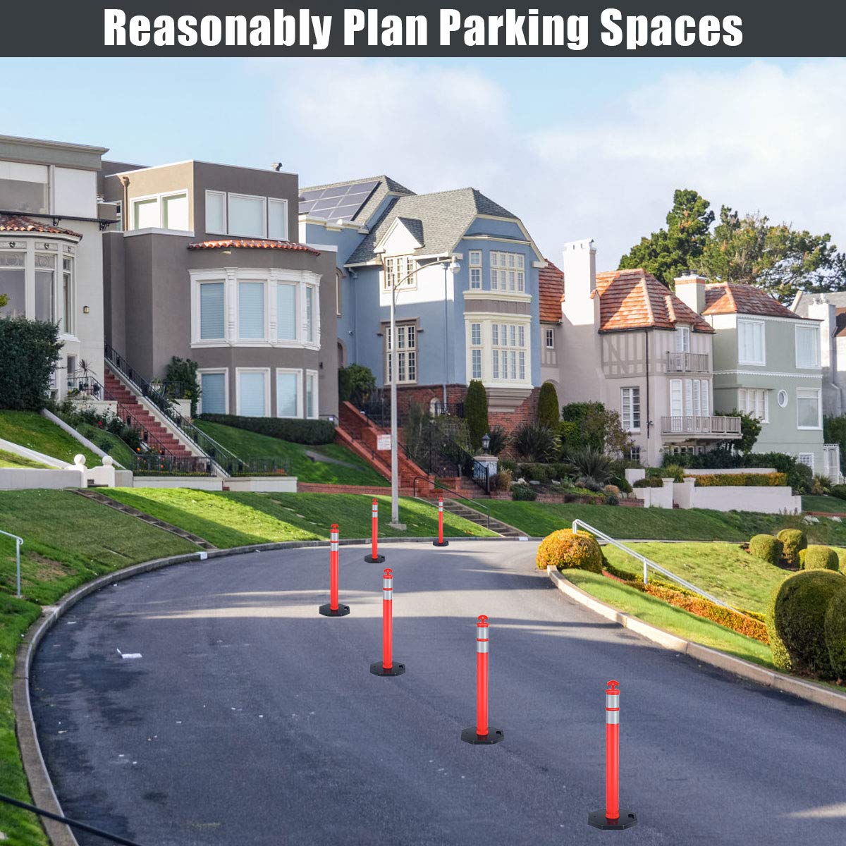 Goplus 45" Delineator Post Cone, 6 Pack Traffic Cone Safety Barrier with 4" Reflective Collars, 10lbs Octagonal Rubber Base, Perfect as Parking Posts, Construction Cones, Street Stanchions