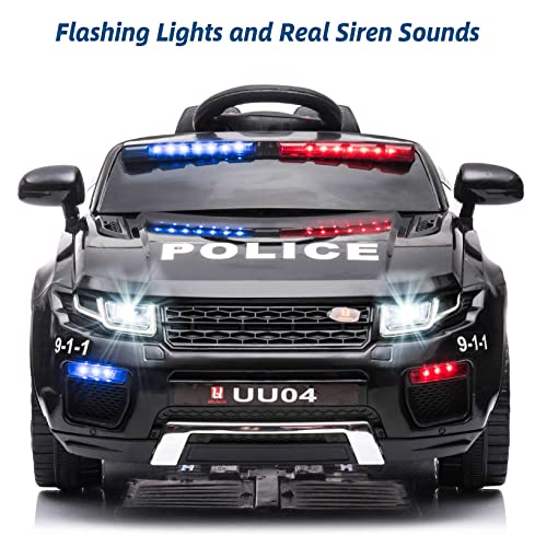 u URideon 12V Ride on Police Car for Kids, Battery Powered Electric Vehicle SUV with Remote Control, Siren, Flashing Light, Music (Black)