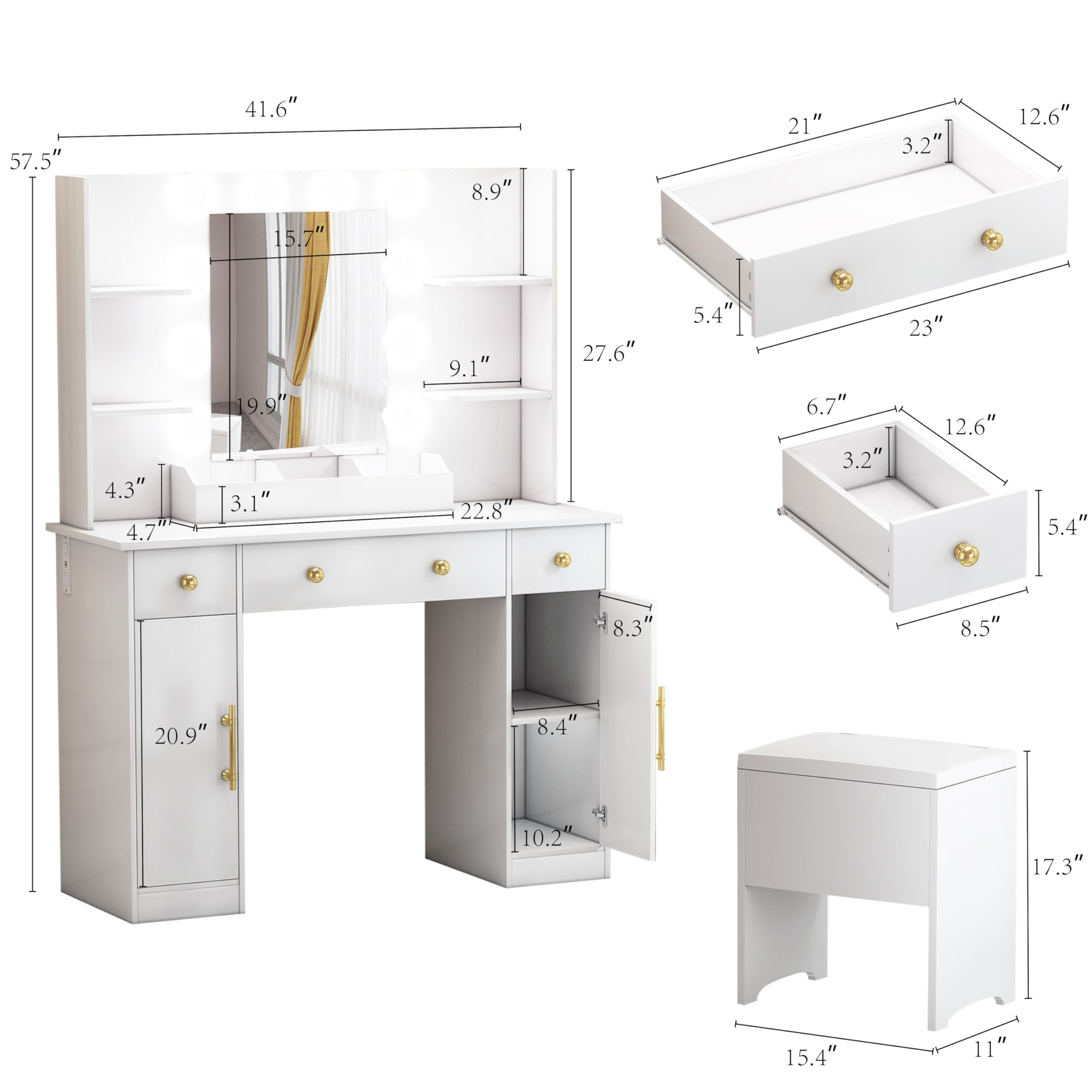 HUANLEGO Vanity Desk with Mirror and Lights, Makeup Vanity with Charging Station & Vanity Stool, 3 Drawers and Cabinets White Vanity Mirror with RGB LED Lights Vanity Desk and Chair for Women