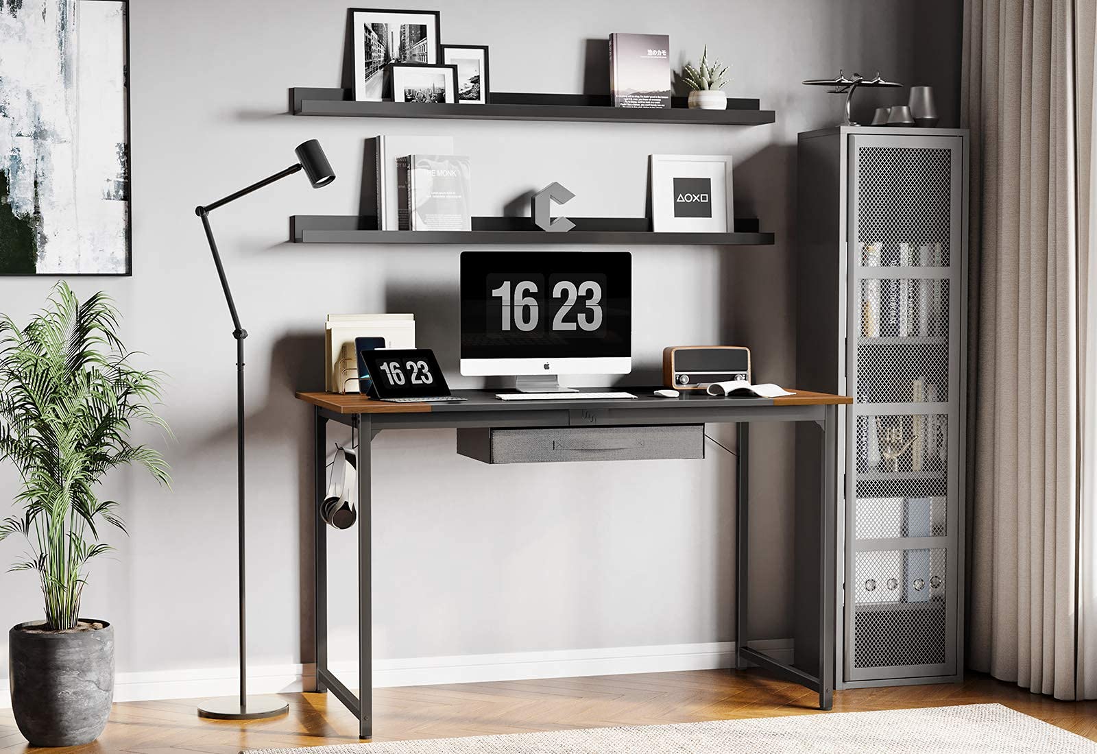 CubiCubi Computer Desk with Drawer 55" Study Writing Table for Home Office, Modern Simple Style PC Desk with Splice Board, Black Metal Frame, Black and Espresso