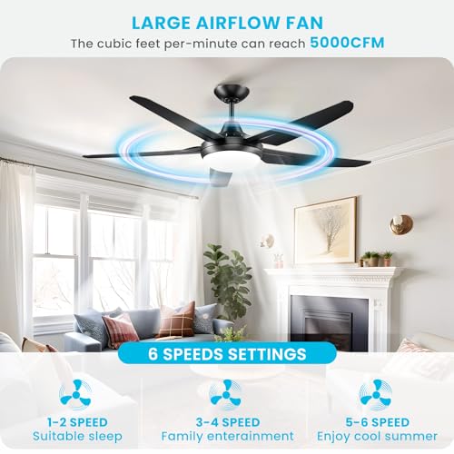 CJOY Ceiling Fan with Lights for Living Room, 53 Inch Modern Ceiling Fan with 5 Reversible Blades, Dimmable LED, Remote Controls, Black Ceiling Fan Bedroom, Outdoor Ceiling Fans for Patios, 6-Speed