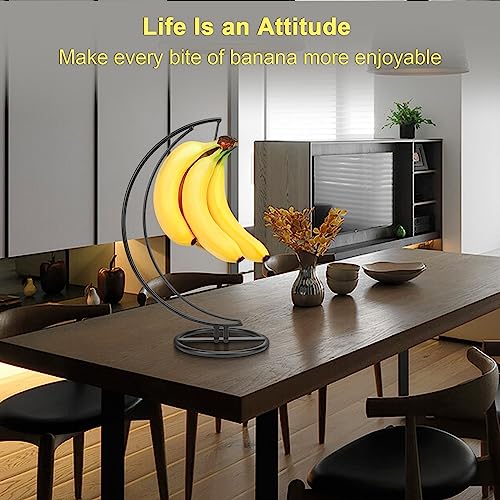 Winmien Banana Holder Stand, Stable Metal Freestanding Banana Hanger with Hook, Moon Shape Modern Banana Storage Design, Keep Fruits Fresh, Banana Keeper for Kitchen Countertop (Black)
