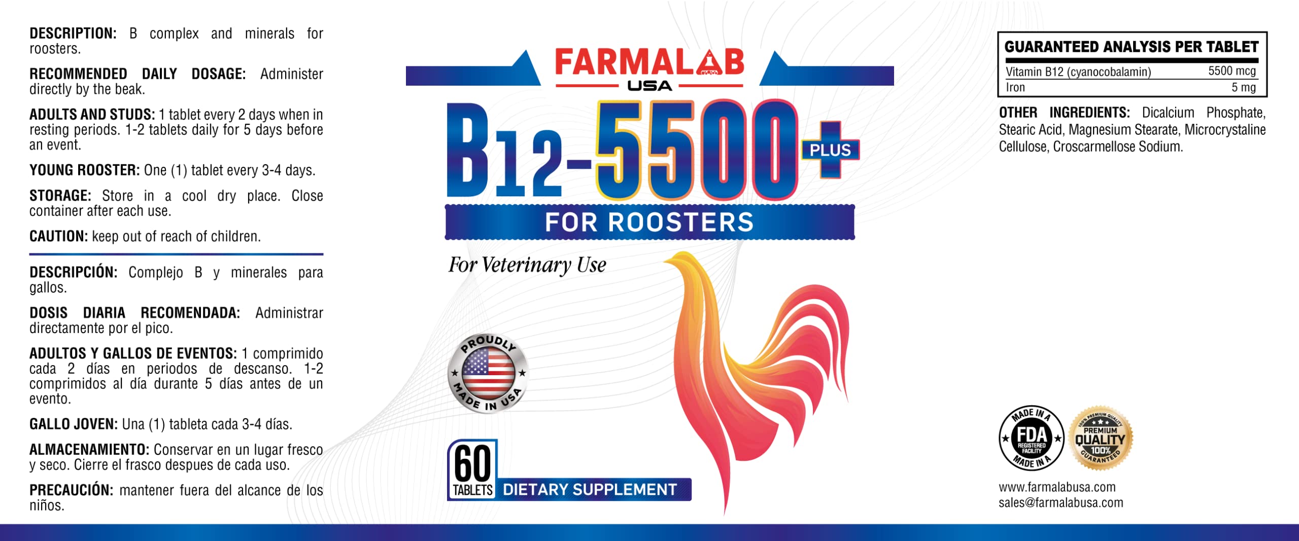 Farmalab B12 5500 Plus for Rooster Chicken Hens Poultry Gamefowl B12-5500 Plus para Gallos Gallinas Pollos Aves de Corral FARMALAB