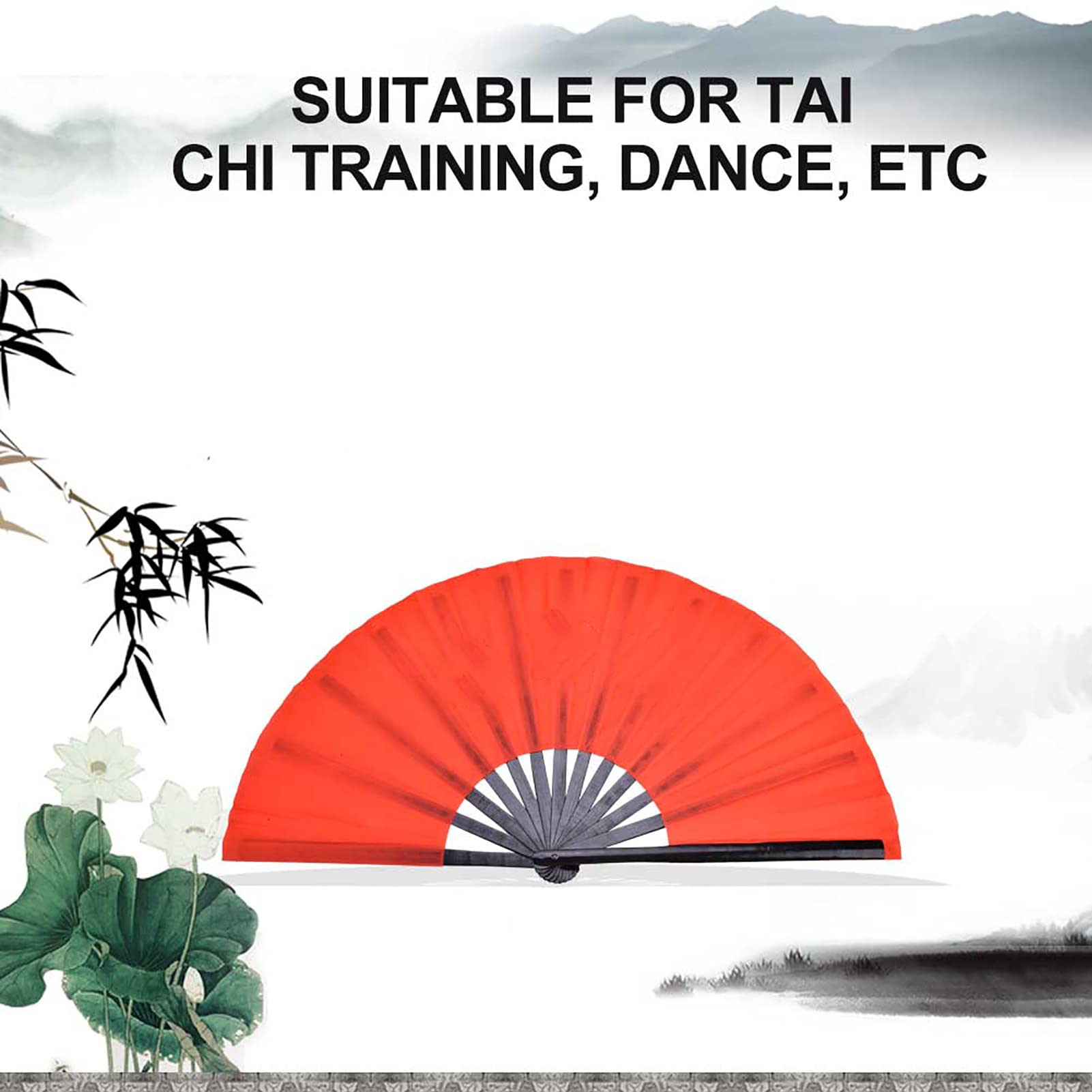 ciciglow Chinese Fan, Folding Fan, Smooth Handheld Tai Chi Training for Dance Performance(Black Club red face)