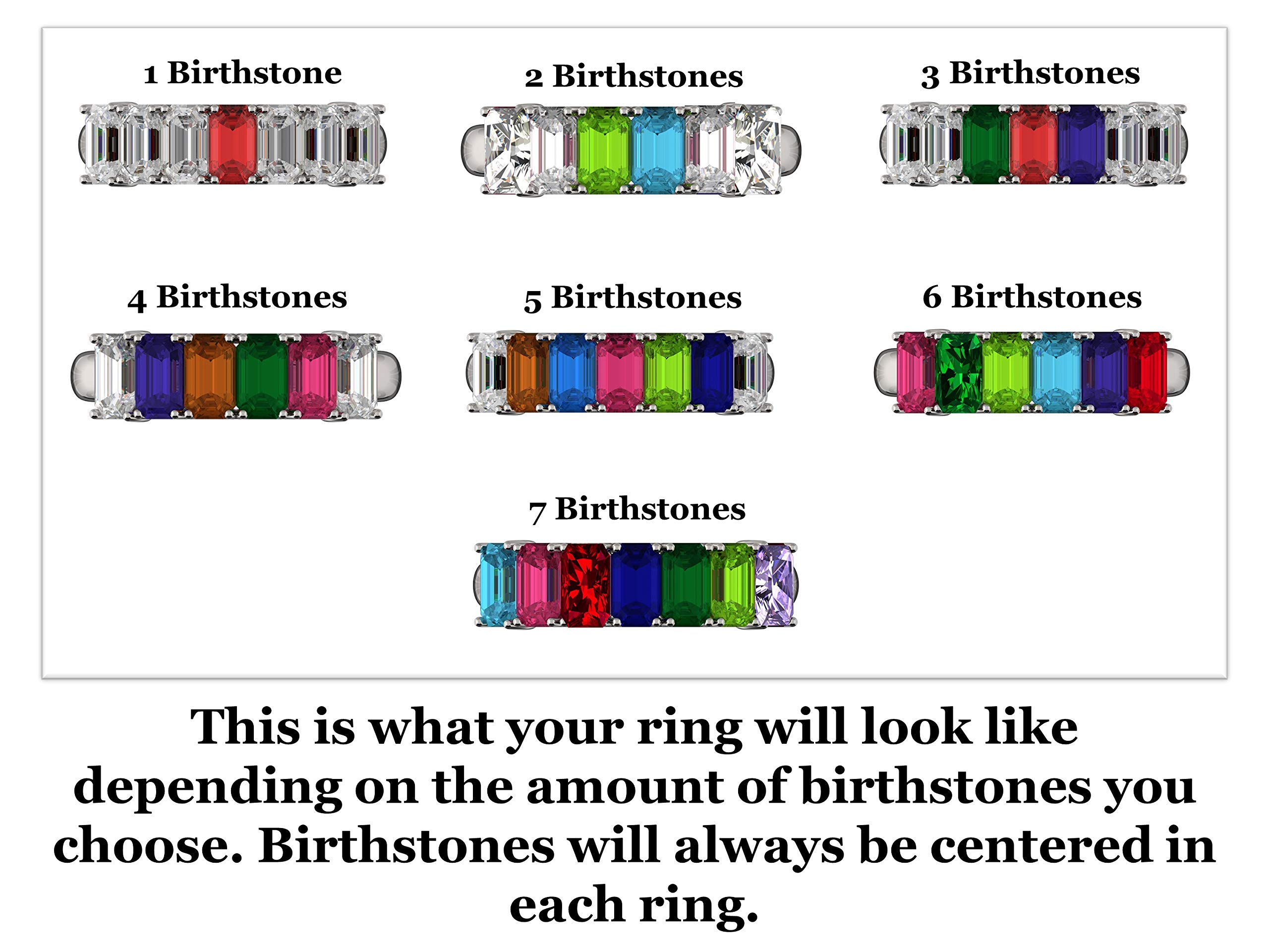 Central Diamond Center Emerald Cut Lucita Mothers Birthstone Ring w/ 1 to 7 Simulated Birthstones - Sterling Silver-Size 11