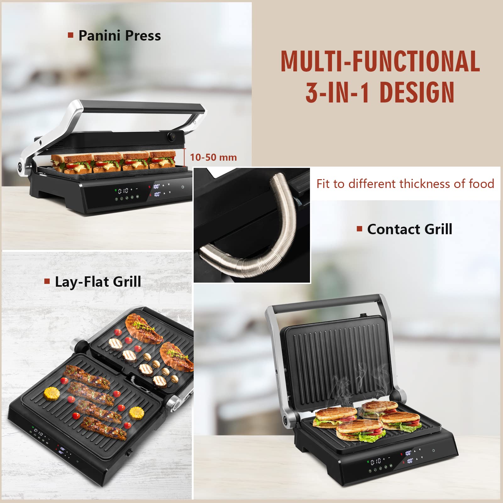 COSTWAY Electric Panini Press Grill, 1200W Sandwich Maker with Non-Stick Double Sided Plates, Independent Temperature Control & Removable Drip Tray, Opens 180 Degrees to Fit Any Size of Food