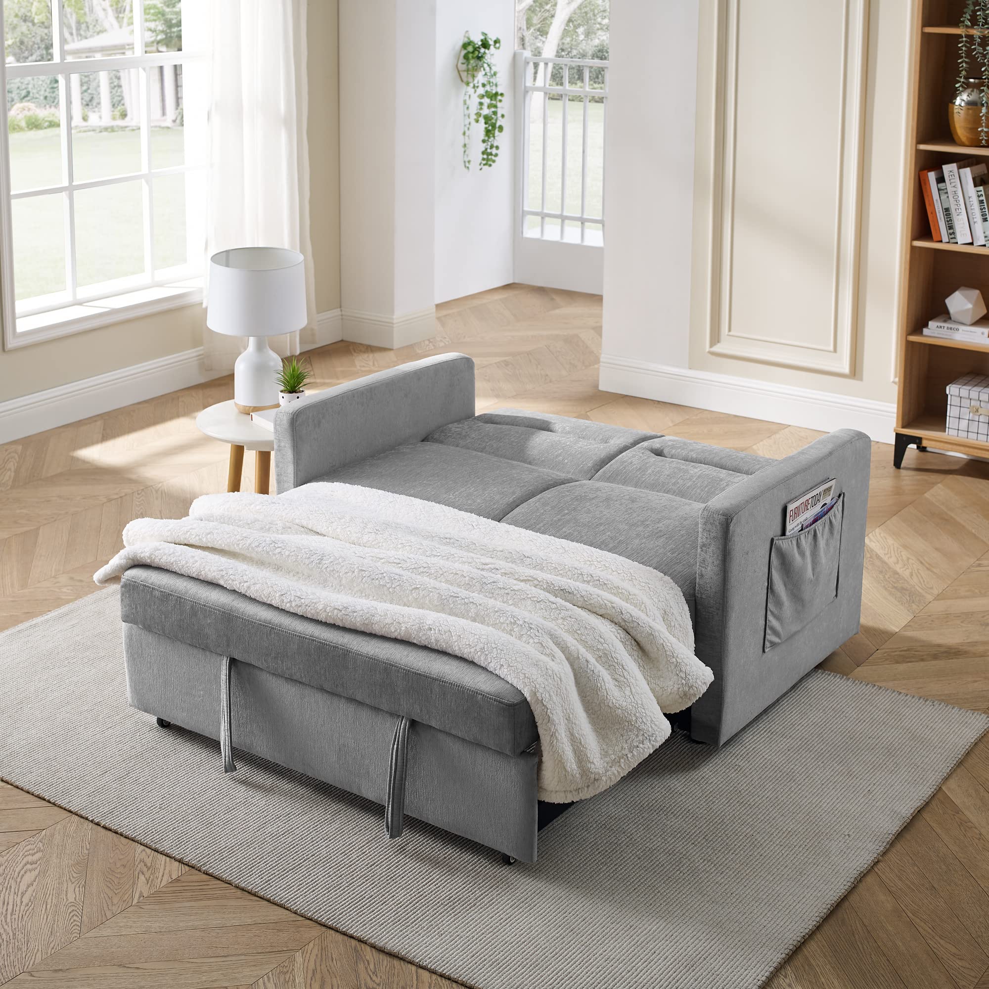 HomsSof Loveseats Sofa Bed Couch with Pull-Out Bed,Adjsutable Back and Two Arm Pocket,54.5"x33"x31.5",Grey