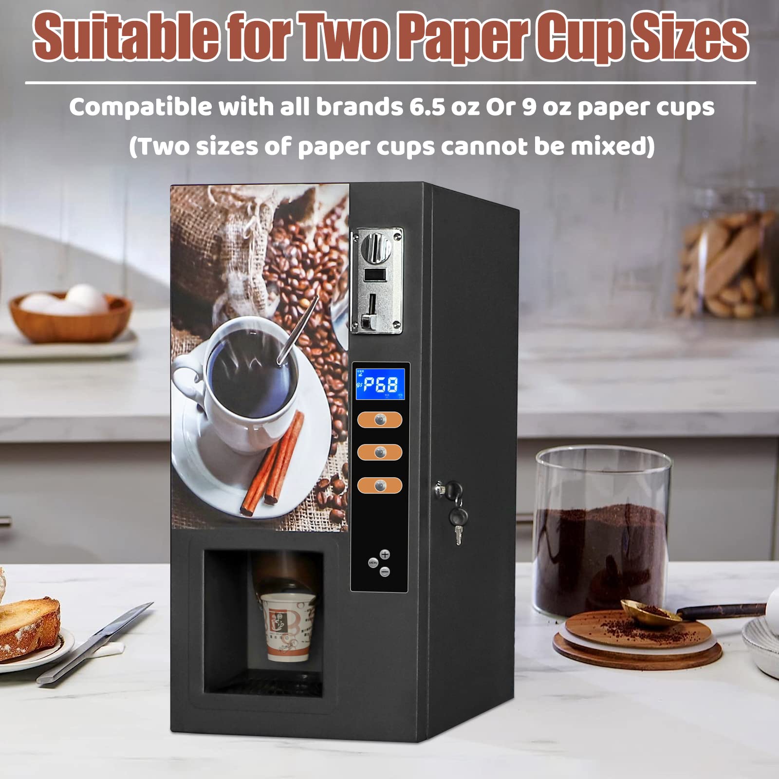 Coffee Vending Machine, Full-Automatic Smart Commercial Coffee Maker Extra Large 60 Oz Hot Water Reservoir Support 3 Flavors, Coin Payment