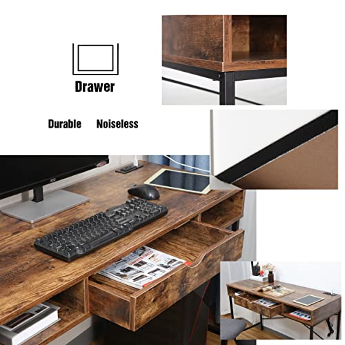 JJS 48' Writing Desk with Power Outlet, Home Office Contemporary Large Computer Desk Laptop Workstation with Drawer USB Ports Charging Station, Rustic Brown