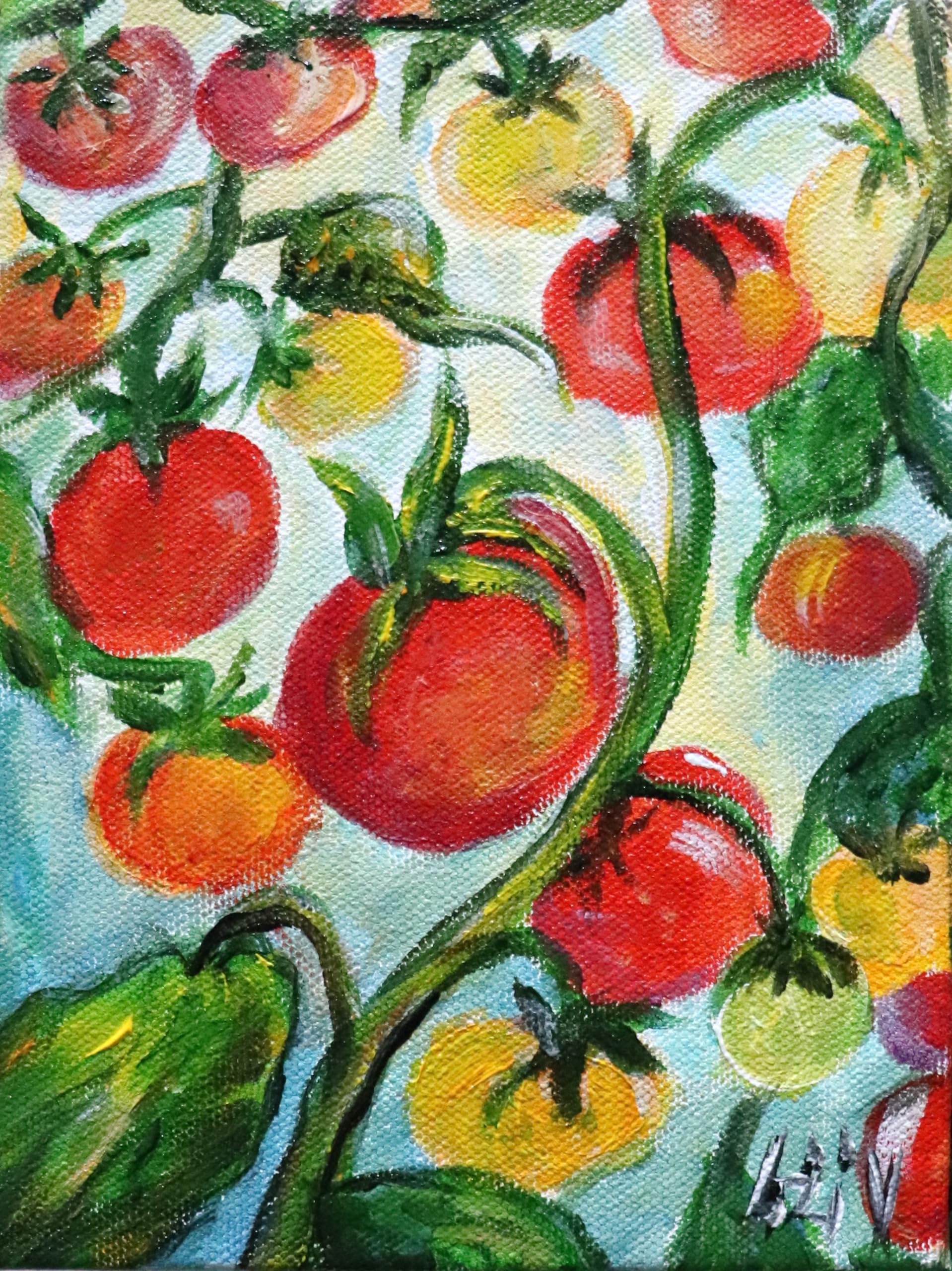 Cherry Tomatoes on the Vine, Food Art, Kitchen Decor, Vegetables Oil Painting, Red Yellow Mini Tomatoes Wall Decor