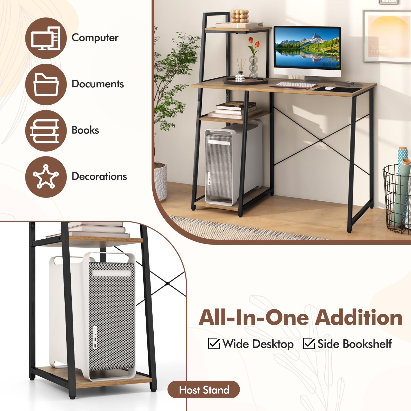 Giantex Computer Desk with Shelves, 47.5β Home Office Desk with Bookshelf, Host Stand, Metal Frame, PC Laptop Workstation, Modern Study Writing Desk for Bedroom, Small Space (Natural & Black)
