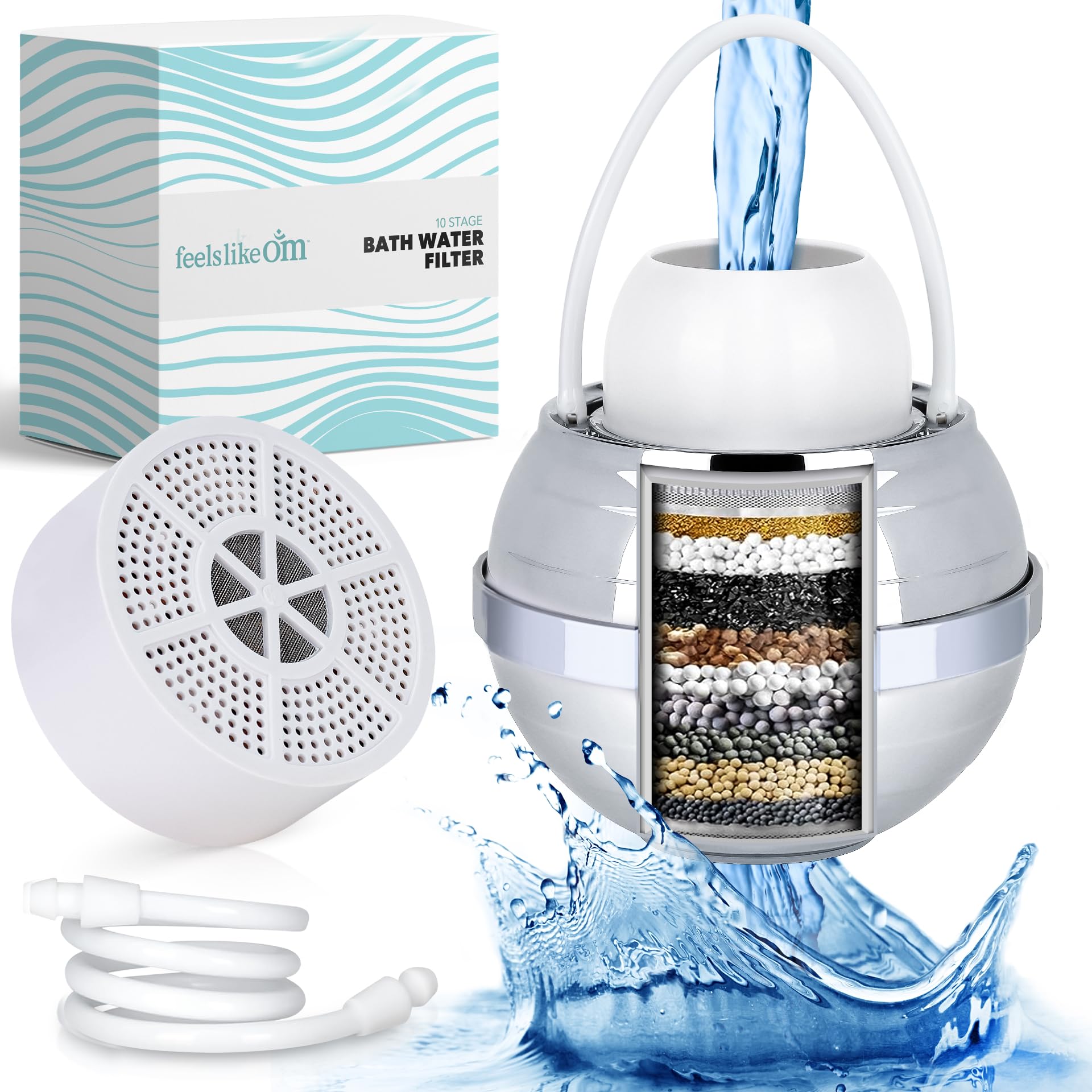 Feels Like OM Advanced Bath Water Filter - 10-Stage Filtration| BPA-Free | Easy Install | Bath Filter for Tub - Bath Ball Filter Reduces Chlorine & Heavy Metals, Balances pH, Infuses Vitamin C