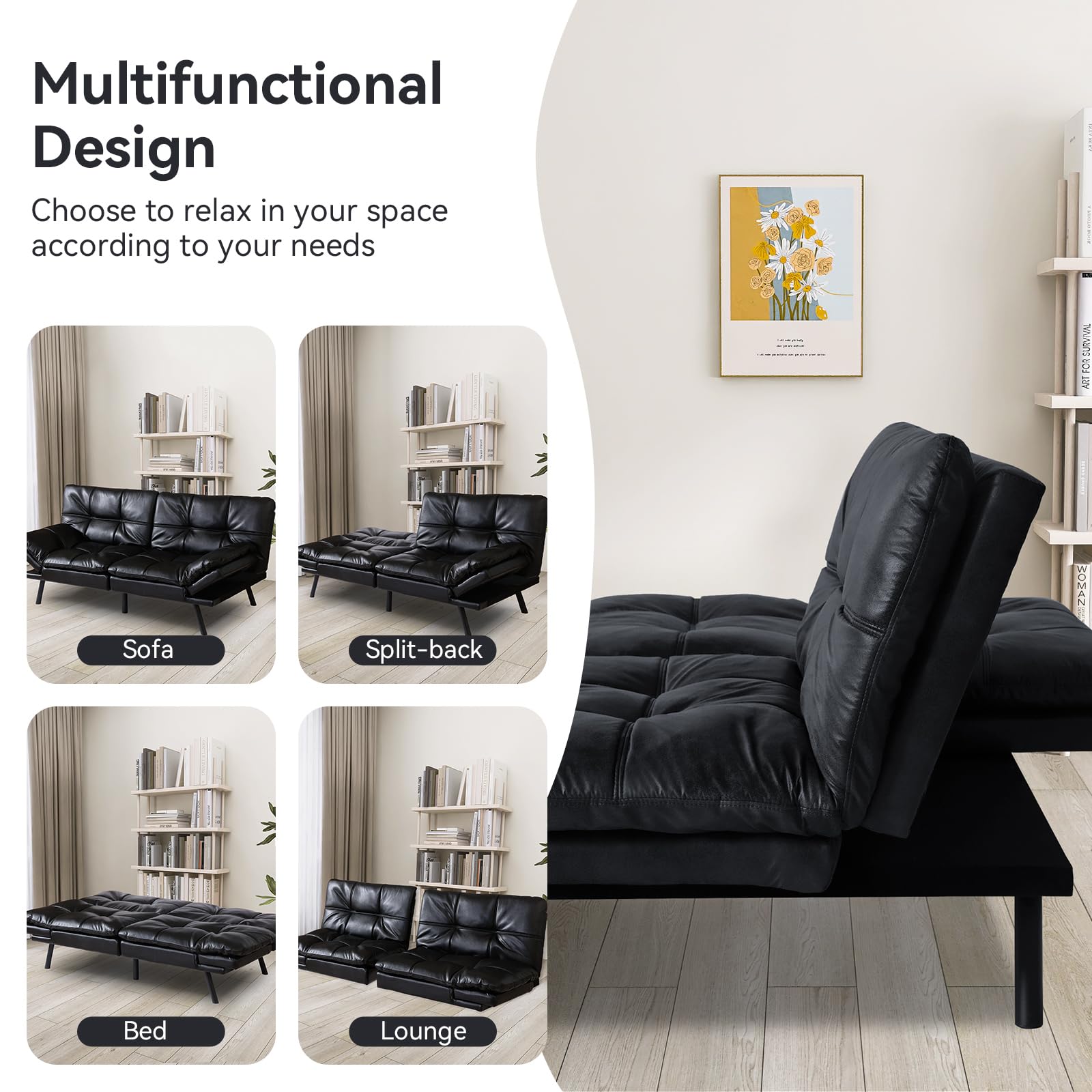 Hcore, Convertible Sleeper, Memory Foam Futon Couch,Loveseat Bed,Small Splitback Modern Sofa Sofabed, Black