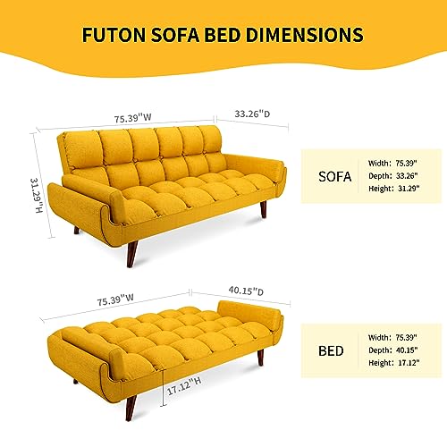 Homies Life Convertible Futon Sofa Bed, Linen Sleeper Couch, 75" W Modern 3 Seater Tufted Sofa with Adjustable Backrests and Soild Wood Legs for Living Room, Bedroom, Small Space, Yellow