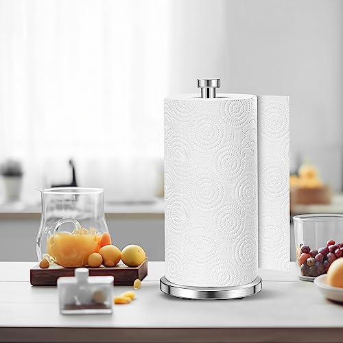 SMARTAKE Paper Towel Holder, Standing Kitchen Roll Holder with Suction Cups, One-Hand Tear Paper Towel Stand, Non-Slip Weighted Base, Fit Most Paper Rolls, for Kitchen Table Countertop, Silver