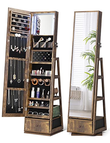 Nicetree 360° Swivel Jewelry Cabinet with Lights, Touch Screen Vanity Mirror, Rotatable Full Length Mirror with Jewelry Storage, Locking Jewelry Armoire Organizer, Foldable Makeup Shelf, Rustic Brown