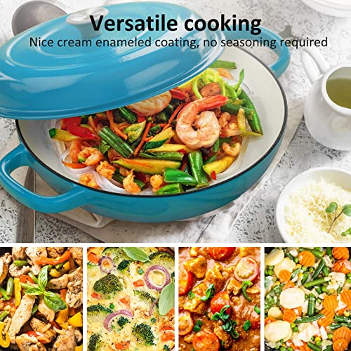 Enamel Cast Iron Casserole Dish with Lid --CSK Cast Iron Braiser Pan with Porcelain Coating, 4 QT Enameled Cast Iron, Steel Knob Cover & Double Loop Handles, Cast Iron Casserole Dish, Card Blue.