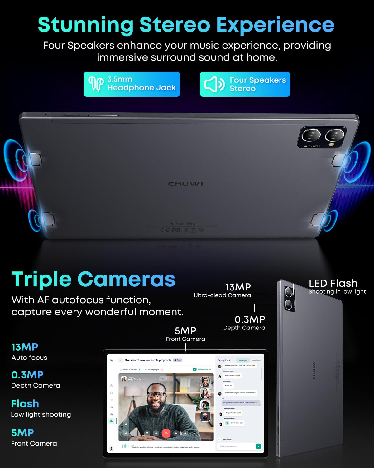 CHUWI Hipad Plus Android 10 Tablet PC, 1080P Display, 8GB 128GB, 13MP+8MP Dual Camera