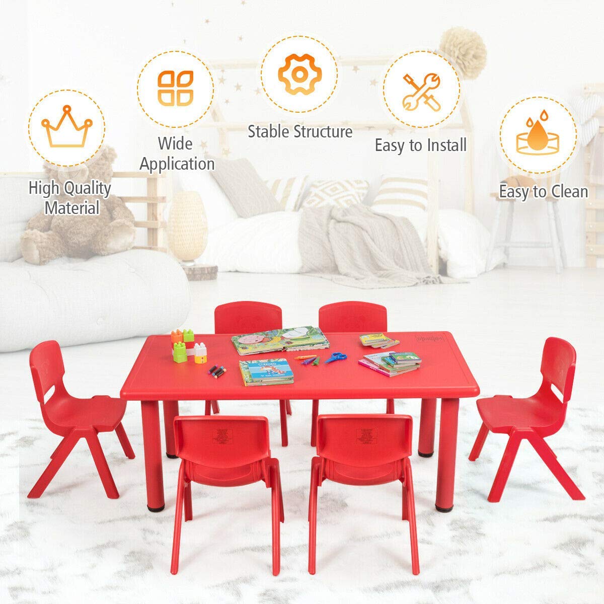 Costzon Kids Table and Chair Set, 6 Pcs Stackable Chairs, 47 x 23.5 Inch Rectangular Plastic Activity Table Set for Children Reading Drawing Playing Snack Time, Toddler School Furniture (Red)