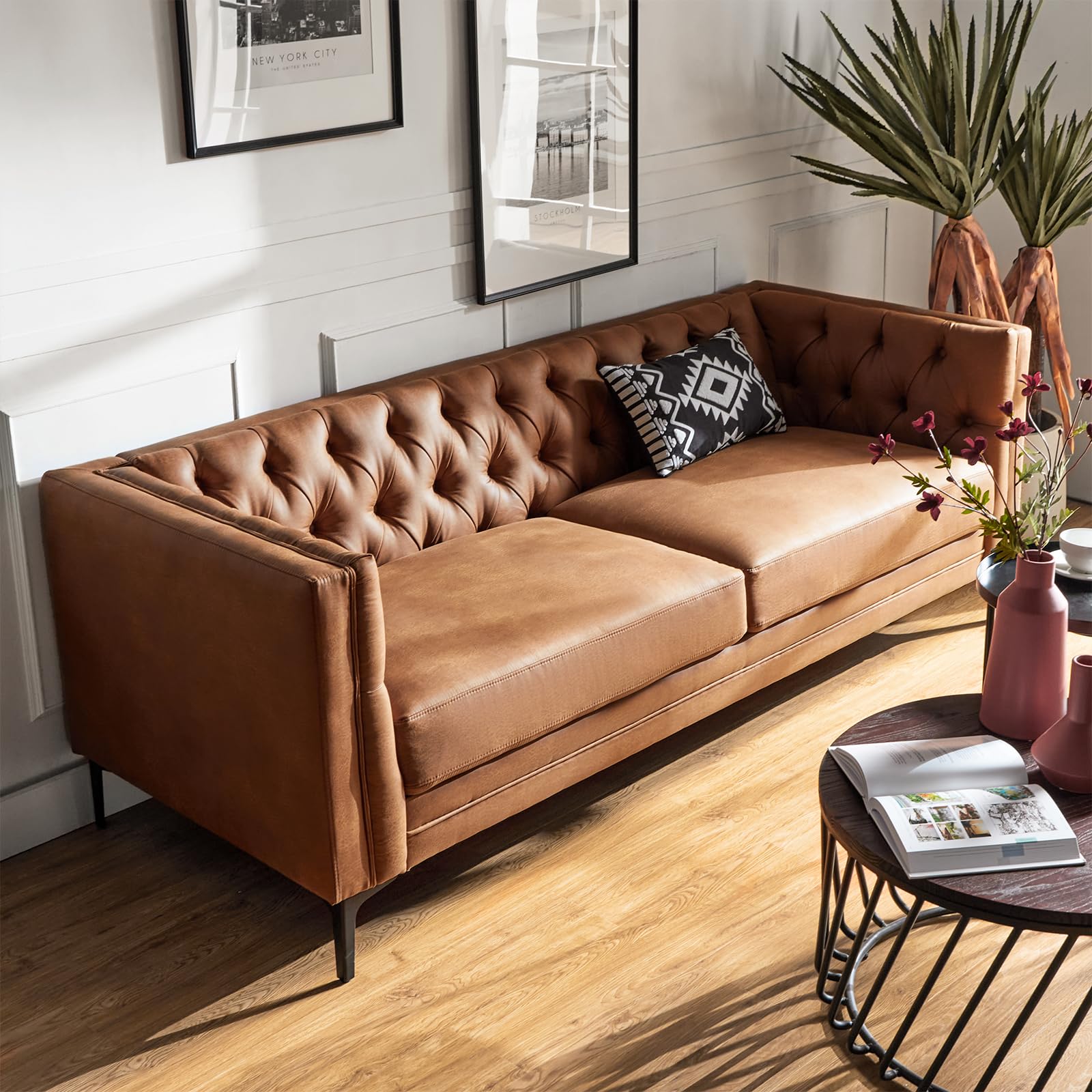 HULALA HOME 84" W Suede Faux Leather Sofa Couch with Metal Legs, Button-Tufted 3-Seater Sofa, Mid Century Modern Contemporary Upholstered Couch for Living Room, Entertainment Area, Apartment,Camel