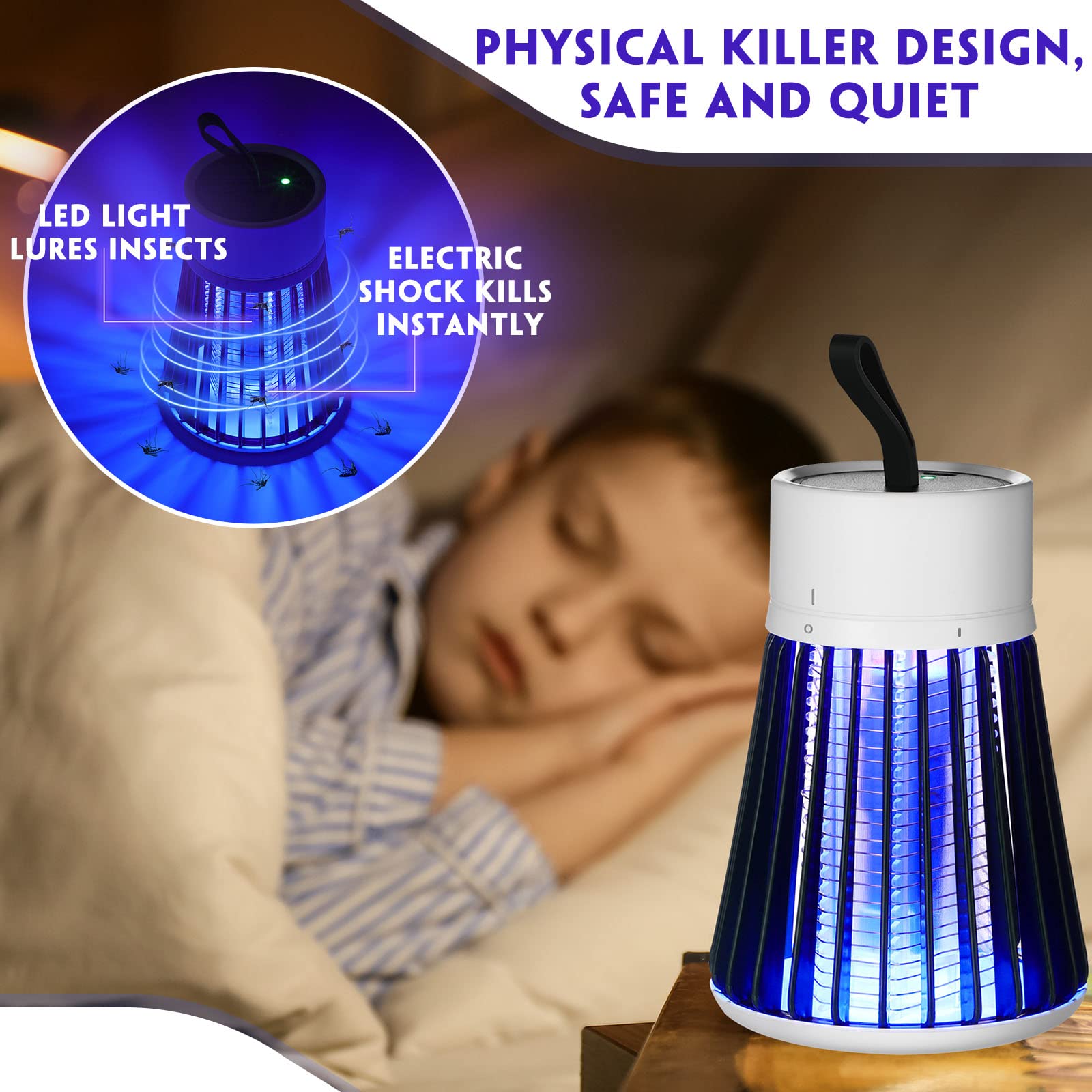 Kittmip 2 Pcs Electric Bug Zapper Bulk Rechargeable Mosquito Killer Fly Zapper Mosquito Trap Outdoor Portable Mosquito Lamp with USB and Hanging Loop for Home Camp Insect, Up to 6 Hours of Battery