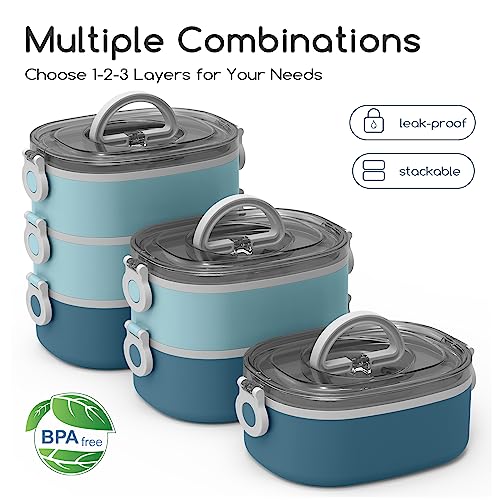 KHOXU Bento Lunch Box, Stackable 3 Layers Bento Box Adult Lunch Box, 94OZ Large Capacity Lunch Containers, Lunch Box Kids with Accessories Kit , Leak-Proof, Food-Safe Materials,Blue