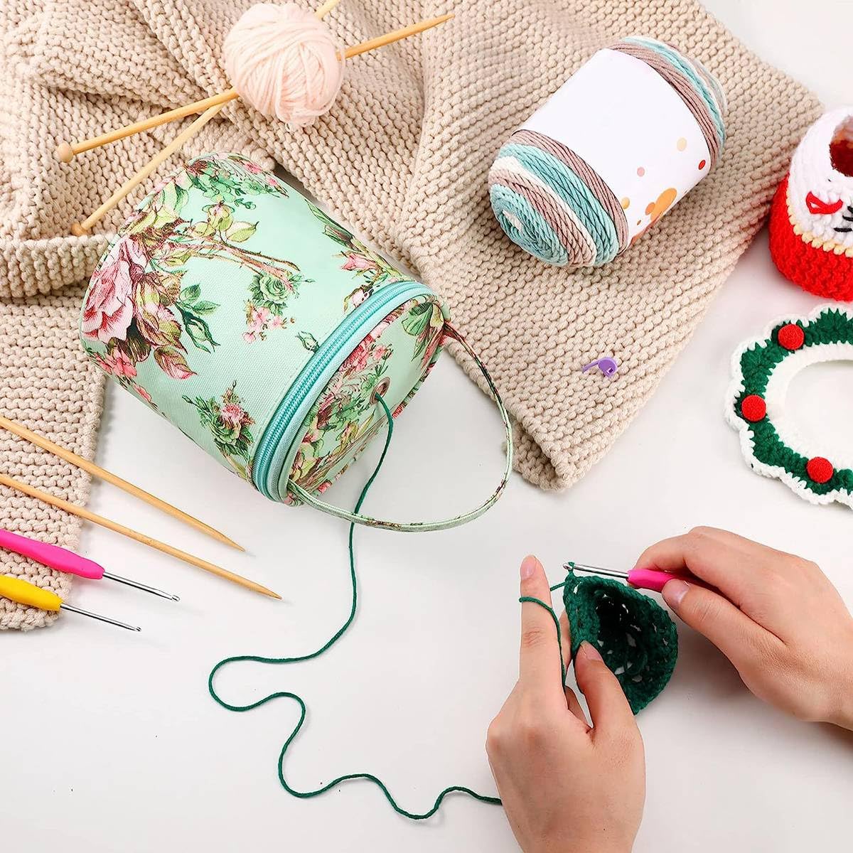 Geynutaly Yarn Storage Portable Bag Round Woven Bag Small Size Knitting Projects Organizer for Yarns, Zipper Storage Bag A