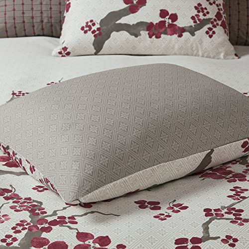 N Natori Cherry Blossom Duvet Cover Queen Size - Red, Grey , Cherry Blossom Duvet Cover Set β 3 Piece β 100% Cotton Sateen Light Weight Bed Comforter Covers