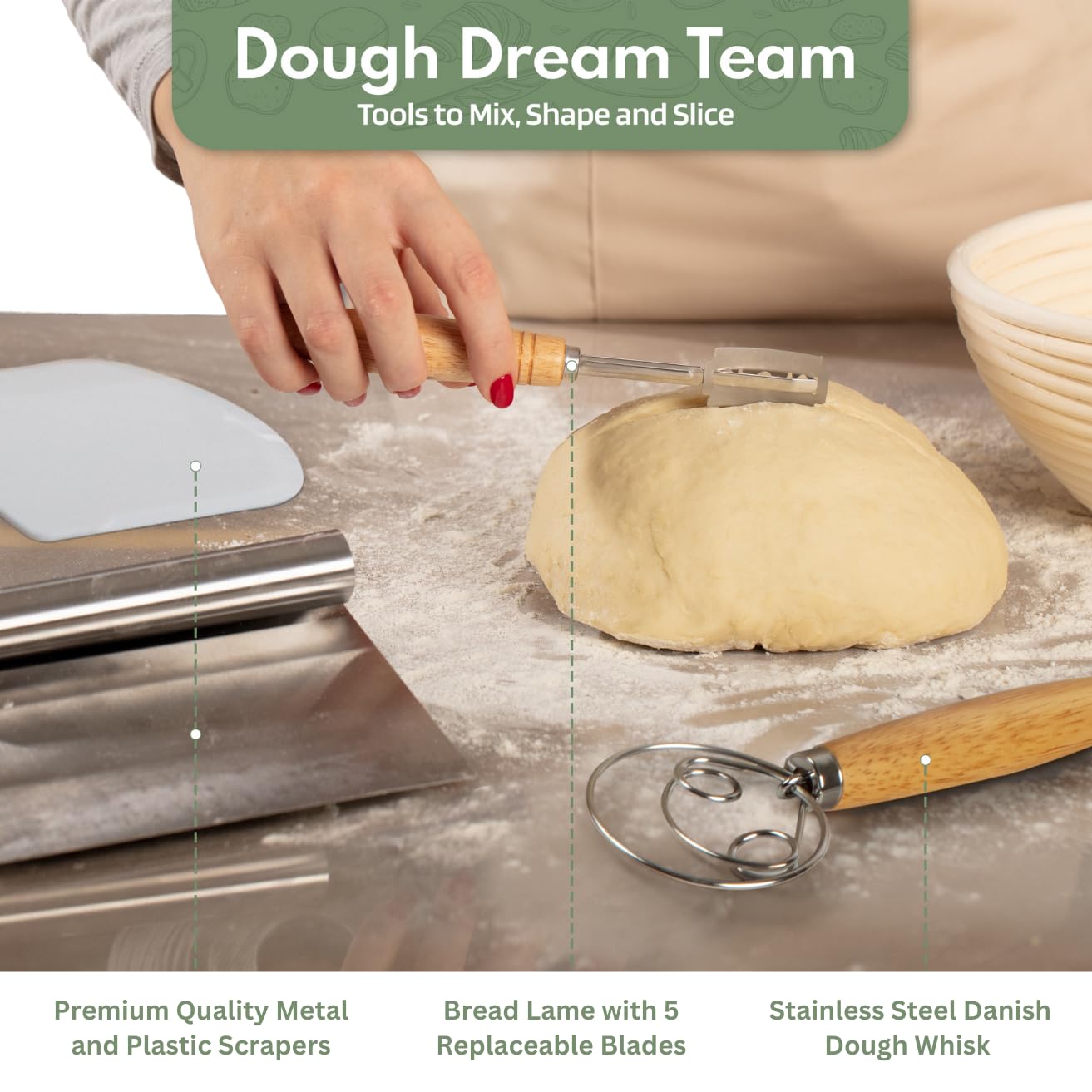 Complete Sourdough Starter Kit, Sourdough Bread Baking Supplies with Kitchen Scale, 9" Round & 10" Oval Banneton Proofing Baskets, Glass Starter Jar, Bread Lame, Danish Whisk & More.