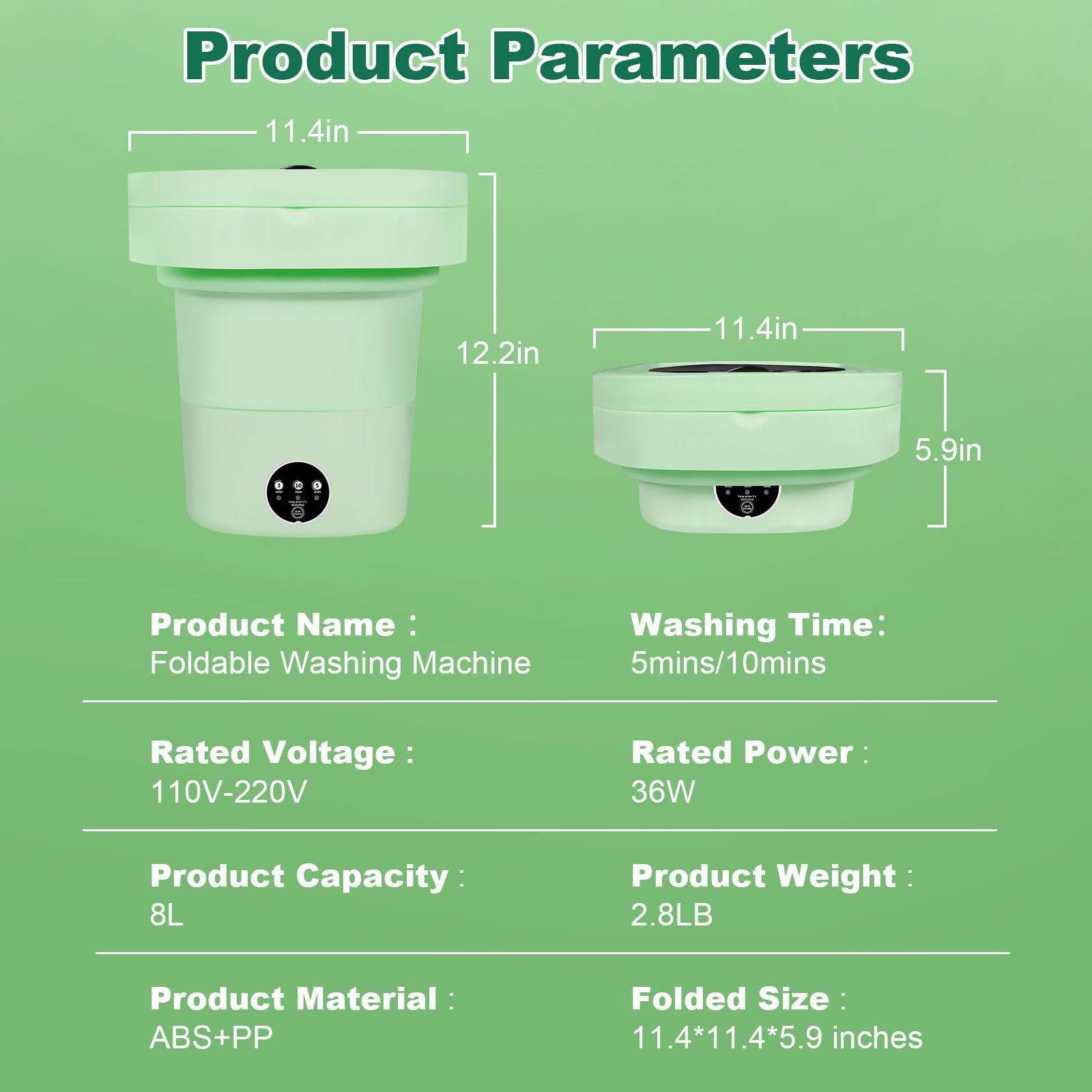 HULKNPEW Portable Washing Machine,Floading Washing Machine Upgraded 8L Large Capacity Foldable Washer,Fast and Deep Cleaning,Suitable for Apartments,Dormitories,Camping,RV,Travel,Hotel etc (Green)