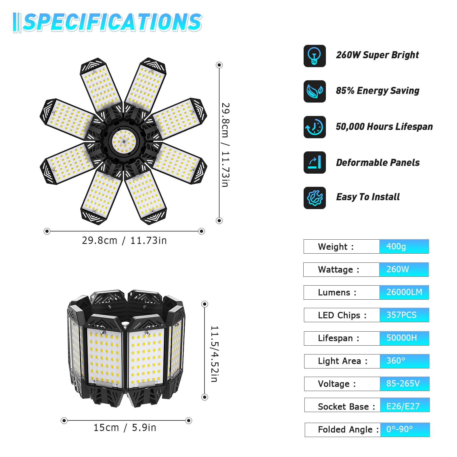 ISKYDRAW LED Garage Lights, 4 Pack Garage Lighting 260W 26000LM Bright Shop Lights Screw Into E26 E27 Bulb Socket, 6500K Deformable Garage Ceiling Lights for Garage Workshop Basement Barn