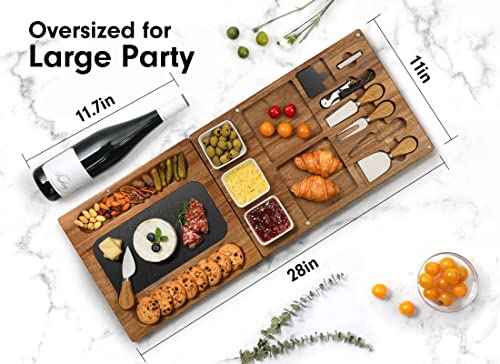 Easoger Acacia Cheese Board and Knife Set - 28" × 11" Extra Large Charcuterie Board Set, Magnetic 3 in 1 Cheese Tray Platter with Rich Accessories, Gift for House Warming, Anniversary, Christmas
