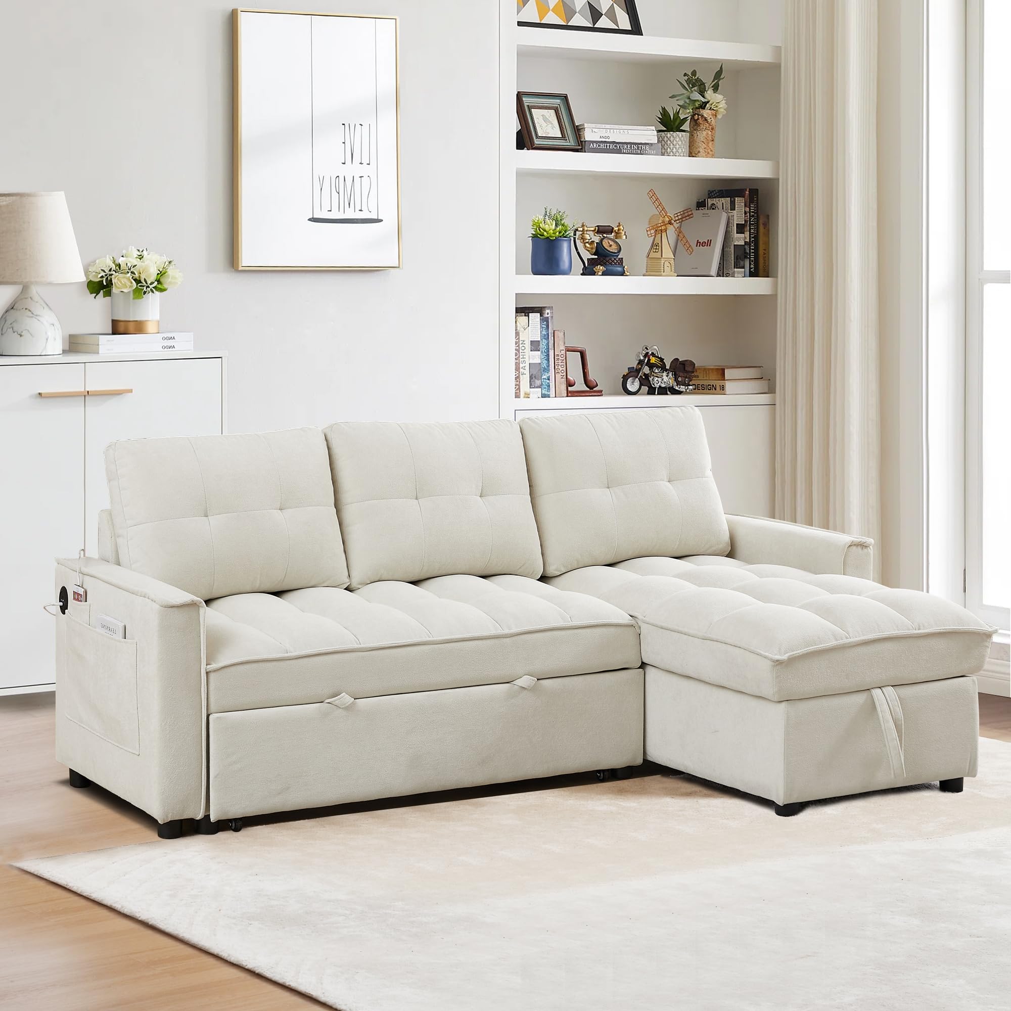 HUMEHA Linen Reversible Sleeper Sectional Sofa, L-Shaped Sofa Bed Pull Out Sleeper 3-Seater Couch with Storage Chaise, Convertible Sectional Sofa Couch for Living Room Apartment, Beige