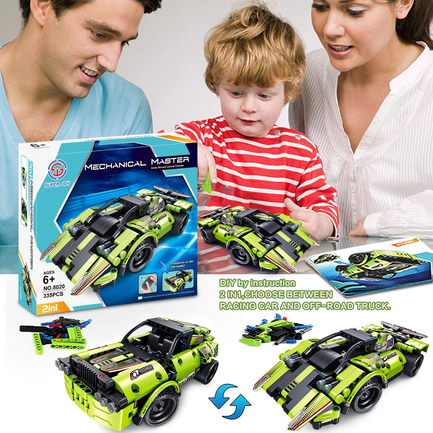 STEM Building Toys for Kids, 335 Piece Building Kit 2 in 1 Remote Control Racing Car Snap Together Engineering Kits Early Learning Racecar Building Blocks Best Gift for 6+Year Old Boys and Girls
