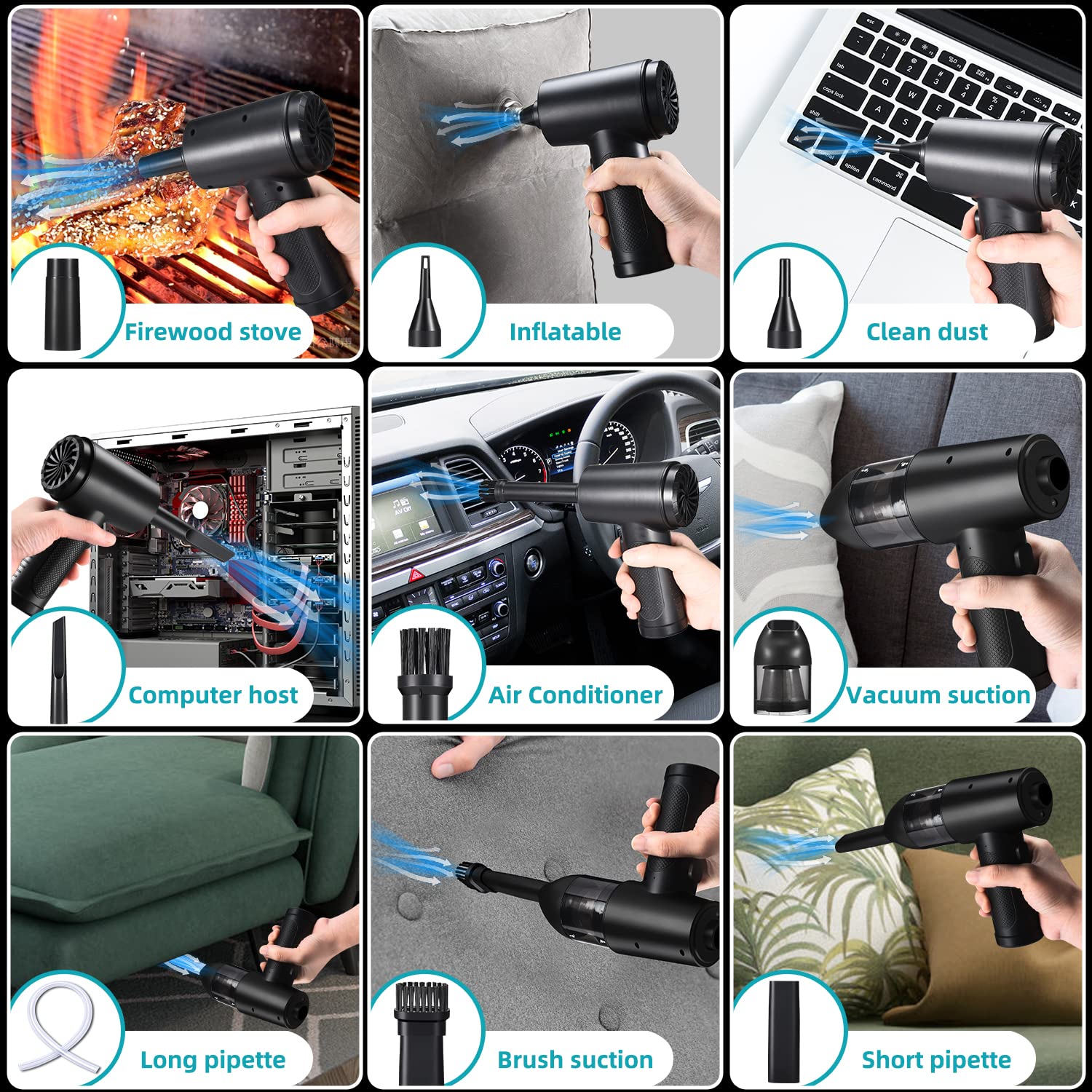 Compressed Air Duster, Cordless Air Duster & Vacuum 2 in 1, Electric Duster Reusable, 91000RPM Computer Vacuum Cleaner, Dust Blower for Computer, Car, Keyboard Clean, Replaces Compressed Air Cans