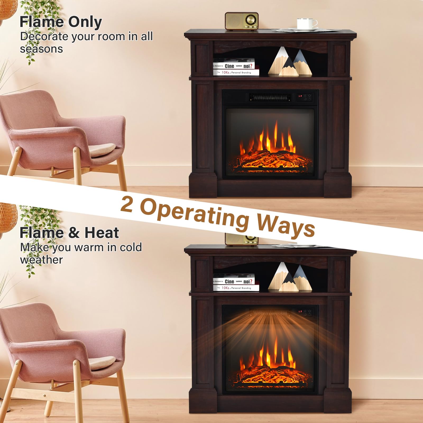 COSTWAY 32-inch Electric Fireplace with Mantel, 1400W Adjustable Freestanding Heater with Remote Control, Thermostat Design, 6H Timer, 3D Flame Brightness, Mantel Fireplace for Living Room, Brown