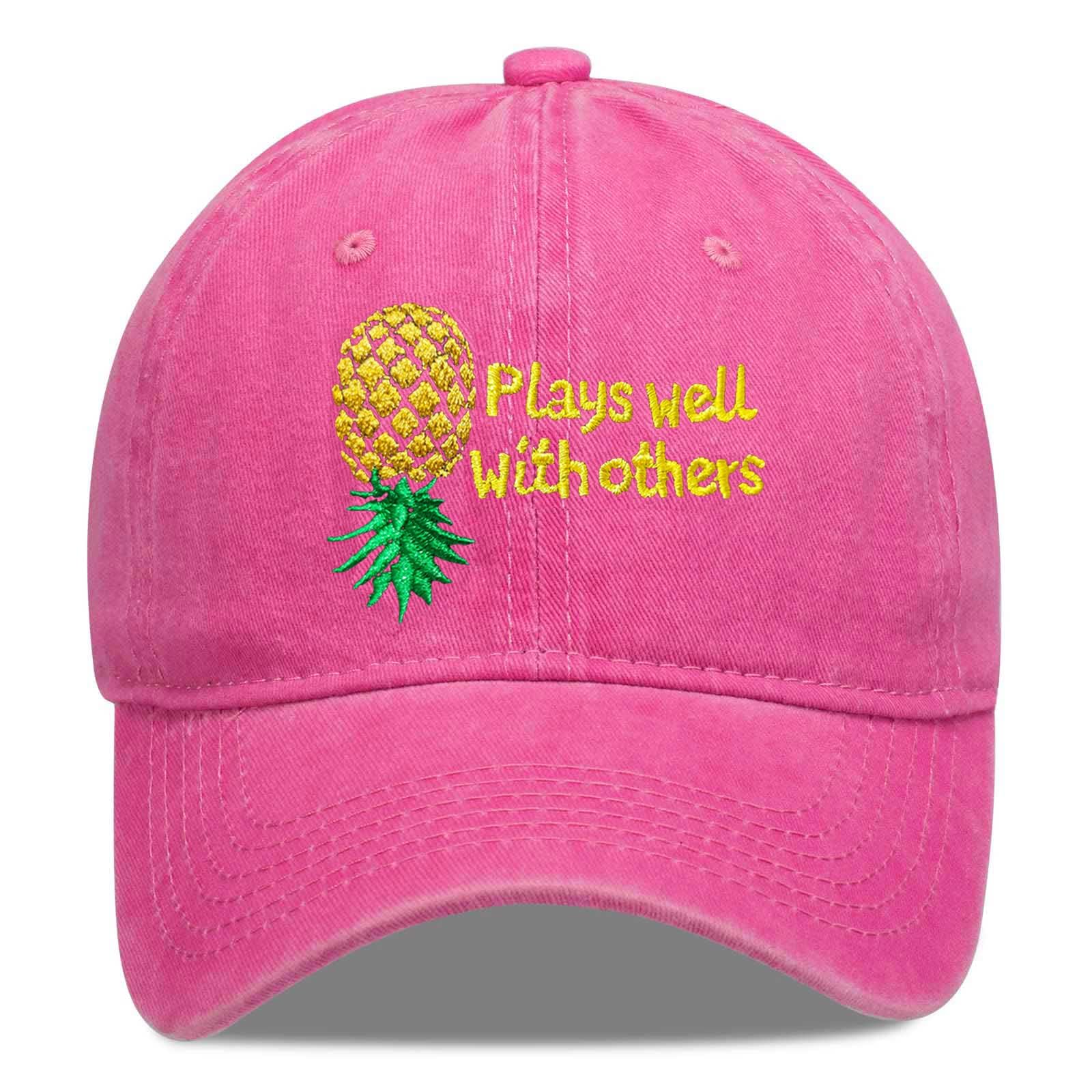 Embroidered Plays Well with Others Baseball Hat Upside Down Pineapple Denim Hat Adjustable Embroidery Baseball Cap Pink