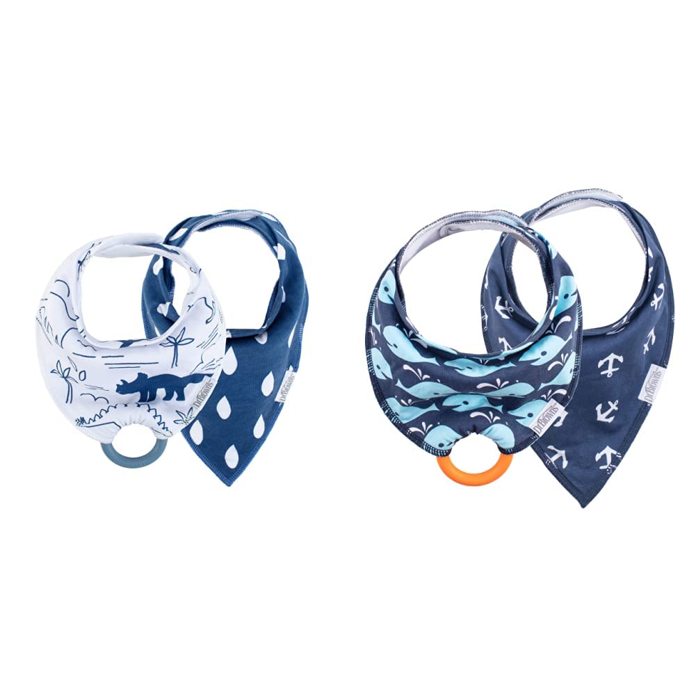 Dr. Brown's Super Soft Bandana Bibs with Two Snap-On Teethers, 3m+, 4-Pack, Dinosaurs/Blue Drops/Whales/Anchors