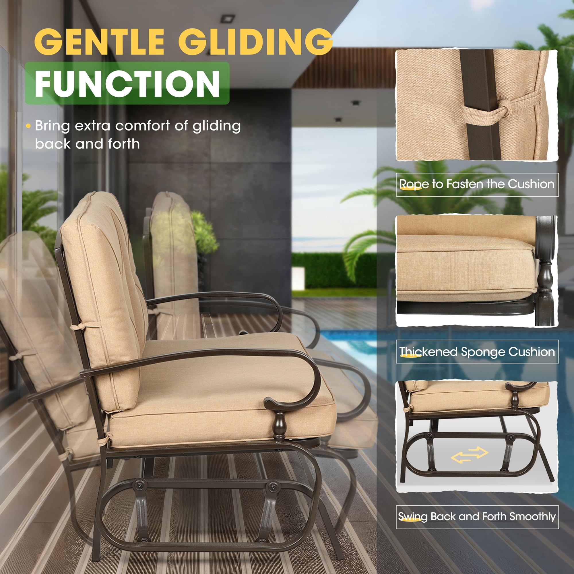 Incbruce 5 Pcs(6 Seats) Outdoor Metal Furniture Sets Wrought Iron Patio Conversation Sets, (Glider, 2 Single Chairs, Loveseat, and Coffee Table) with Cushion (Brown)