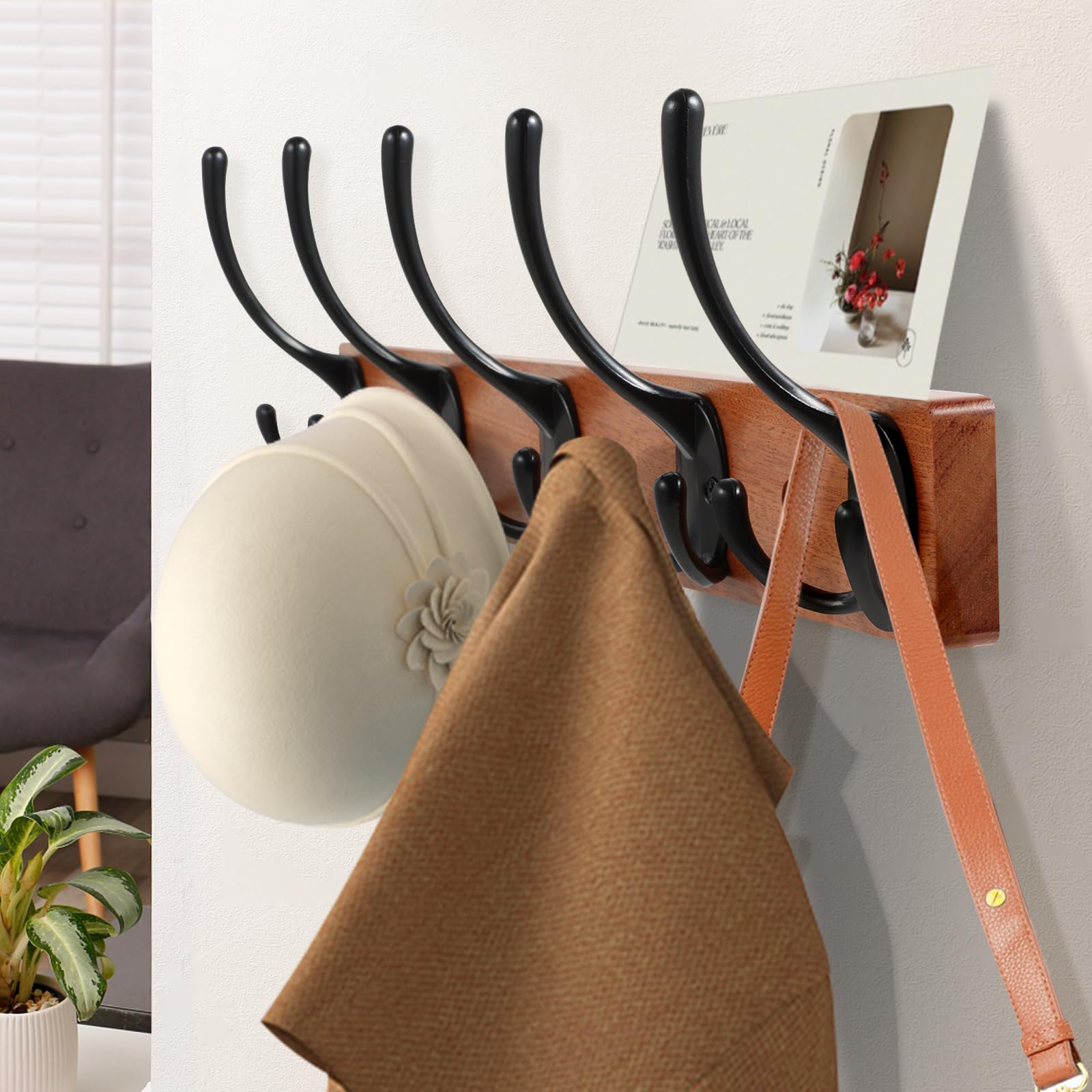 IBosins Coat Rack Wall Mount, 33.5'' Long, Entryway Hanging Hooks Rack, Metal Wood Coat Rack with 8 Black Tri-Hooks, Wooden Decorative Hooks Rail for Coat, Scarf, Bag, Towel, Hat, Key